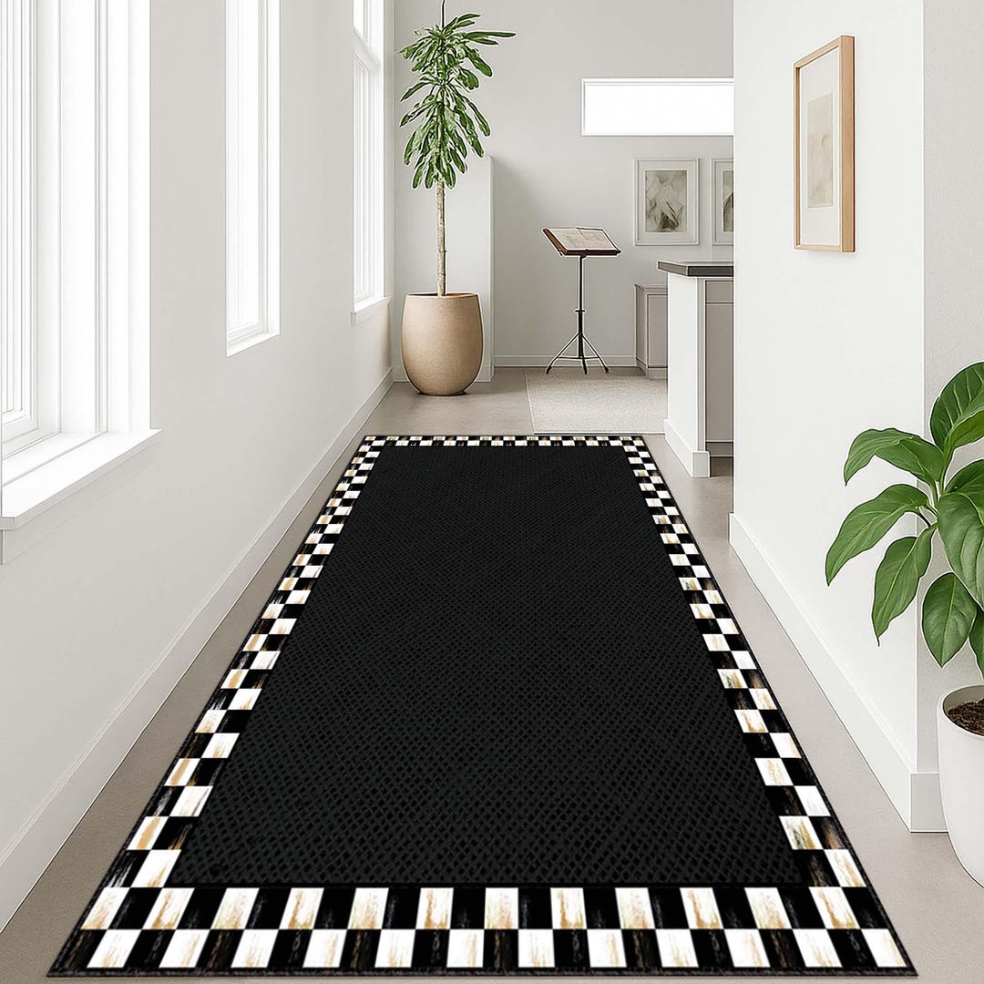 Checkered Border Rug, Long Narrow Rug, Modern Runner, Minimalist Rug ...