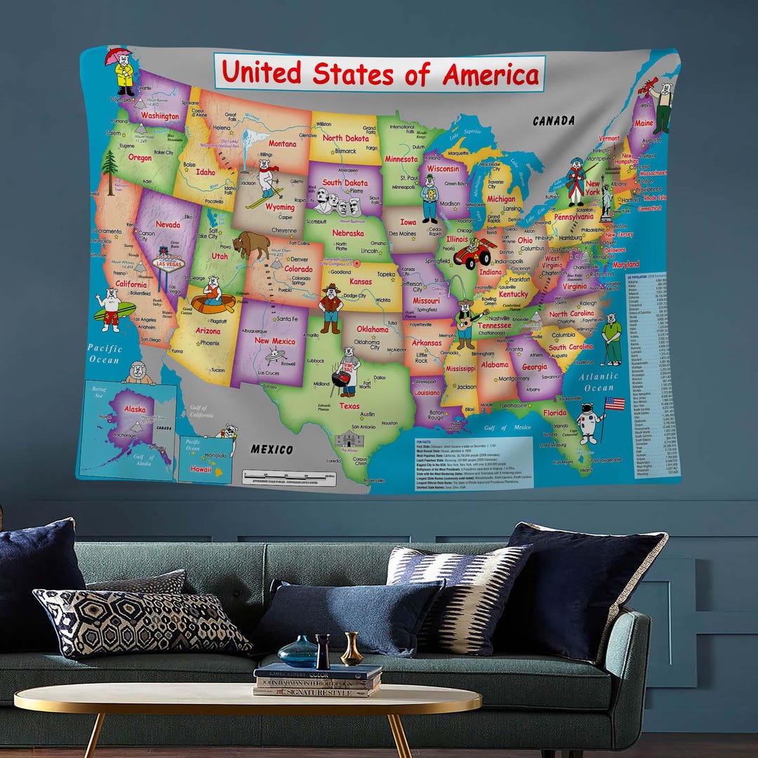 USA Map Tapestry, United States Decor, Kids Room Map, Colorful US Wall ...
