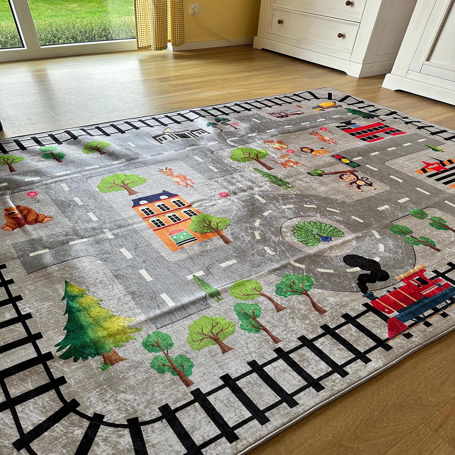 Interactive Kids' City Map Rug With Roads, Train Tracks, Buildings ...