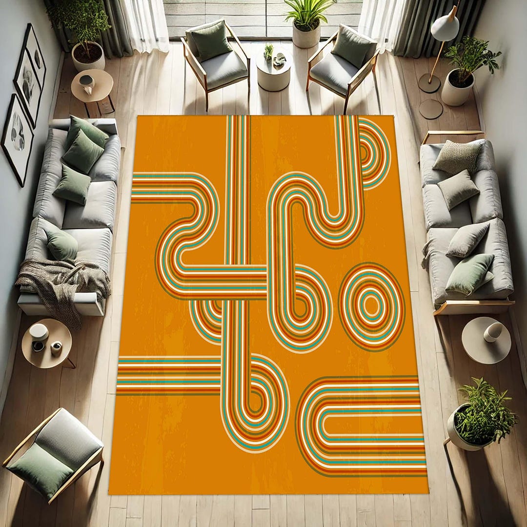Retro Orange Geometric Rug: 70s Style Mid Century Modern Home Accent - Etsy