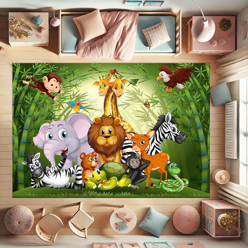 Jungle Animal Rug, Safari Theme Rug, Cartoon Wildlife Play Mat, Nursery ...