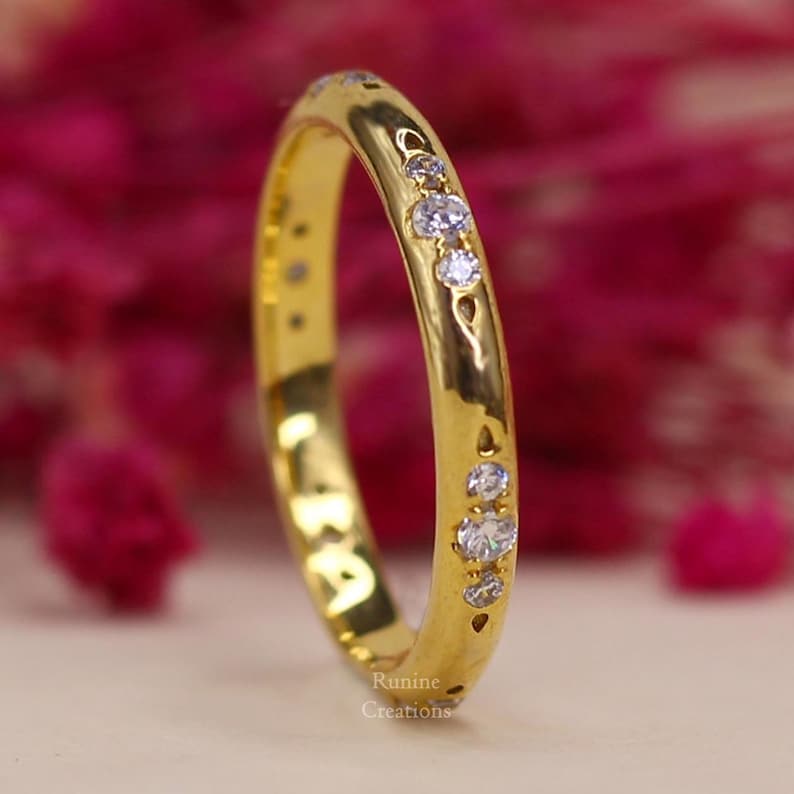 18K Solid Yellow Gold Diamond Band / Gold Stacking Ring / Minimalist ...