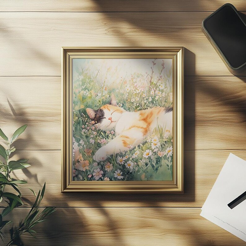 Calico Cat in the Meadow Print Wall Art Hand Drawn Poster Cute Animal ...