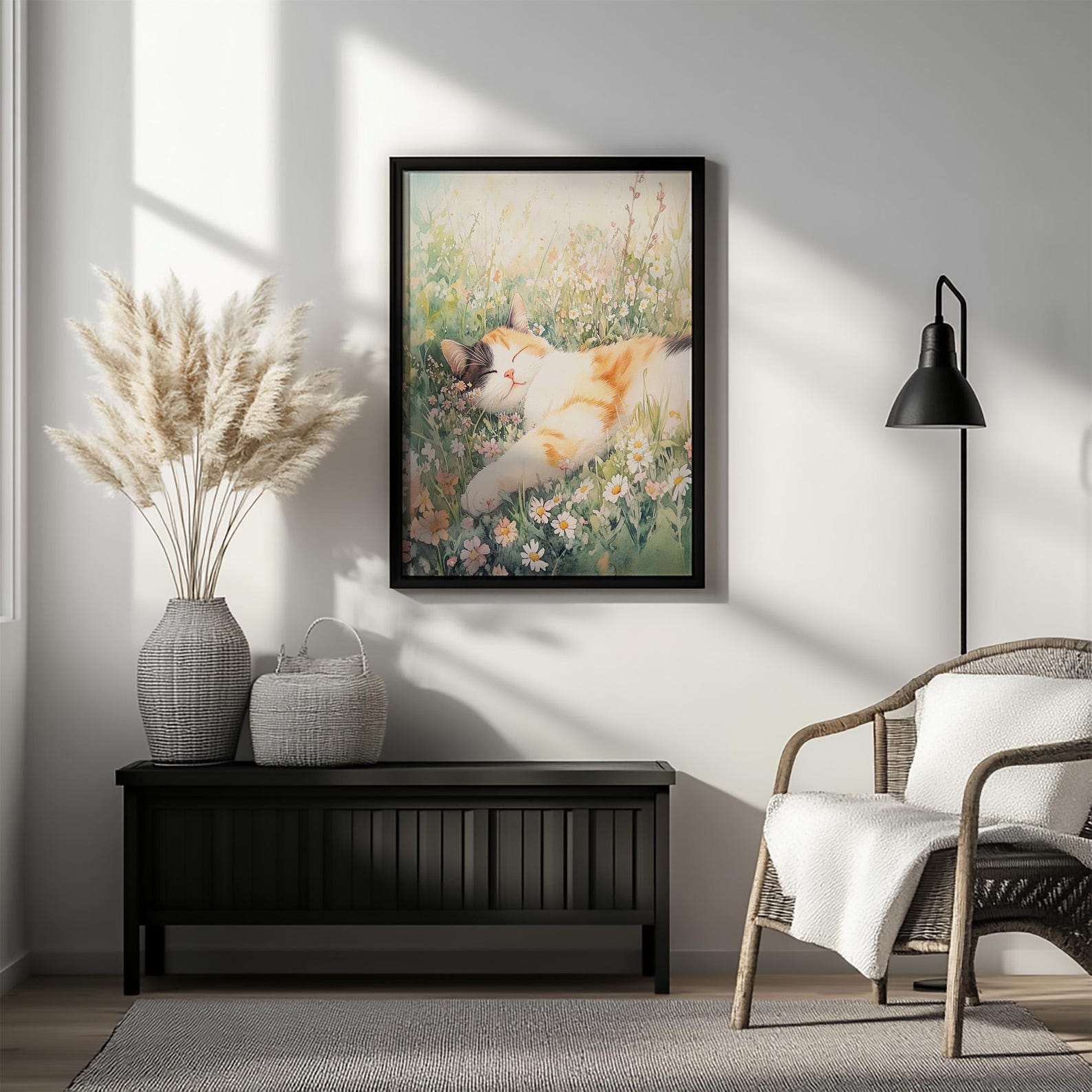 Calico Cat in the Meadow Print Wall Art Hand Drawn Poster Cute Animal ...