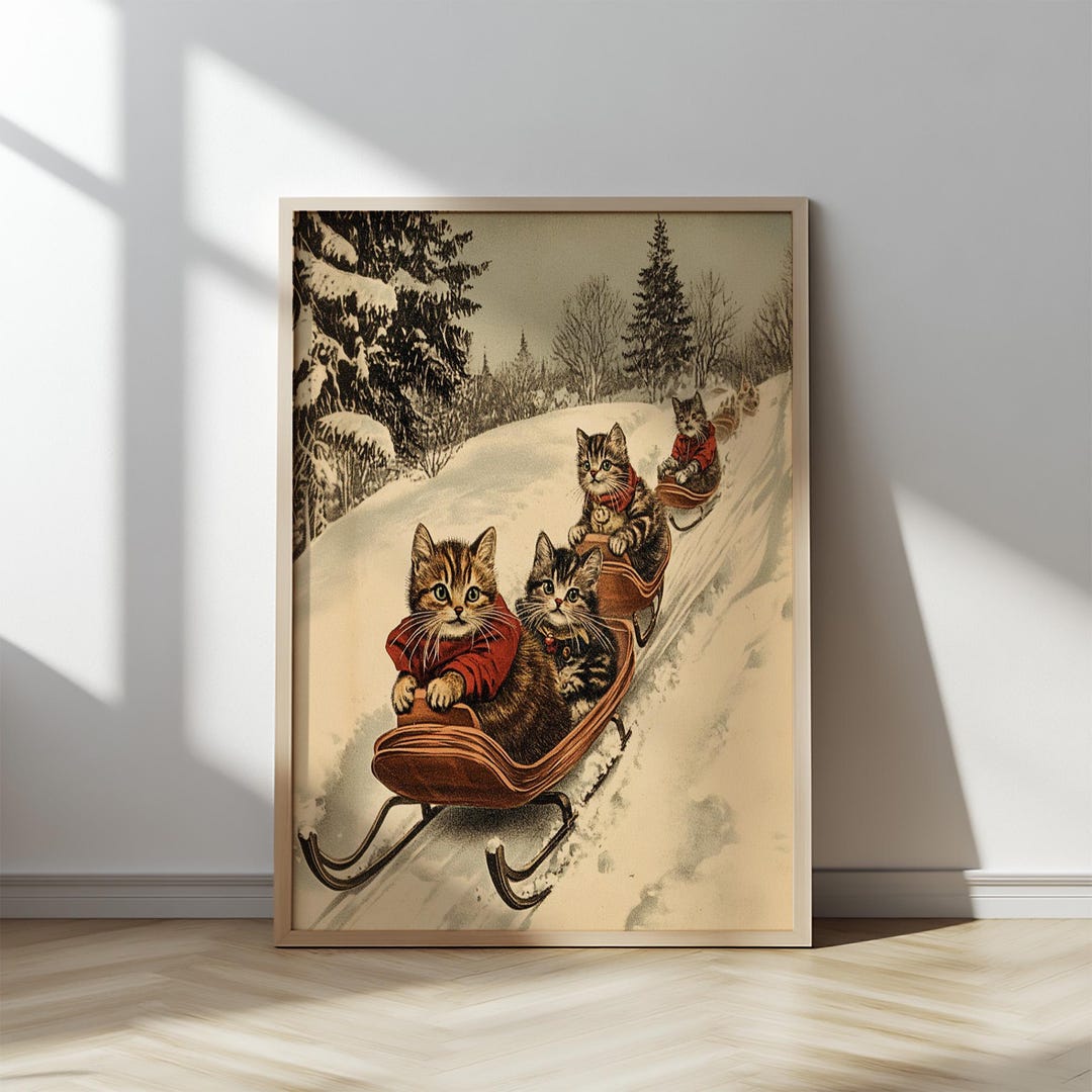 Cats on Sleds Vintage Illustration Wall Art Print for Winter Christmas ...