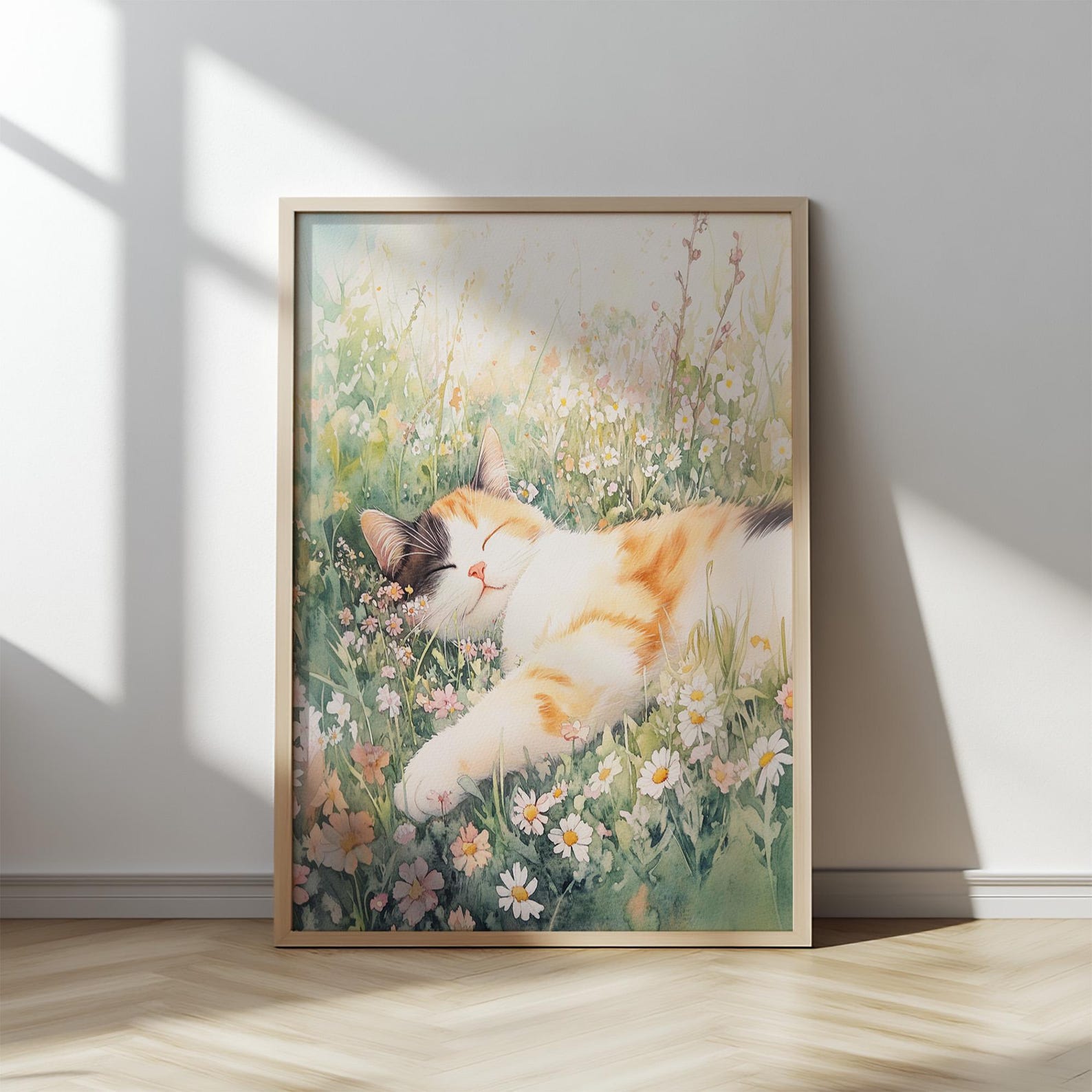 Calico Cat in the Meadow Print Wall Art Hand Drawn Poster Cute Animal ...