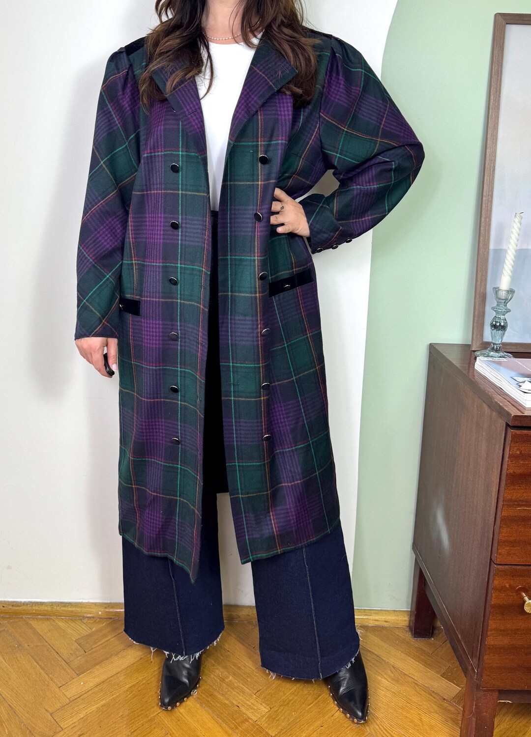 Vintage BASLER Wool Tartan Coat | Green Purple Plaid Double Breasted ...