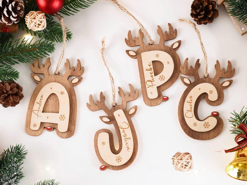 Engraved Reindeer Letter Ornaments: Personalied Christmas Stocking Name ...