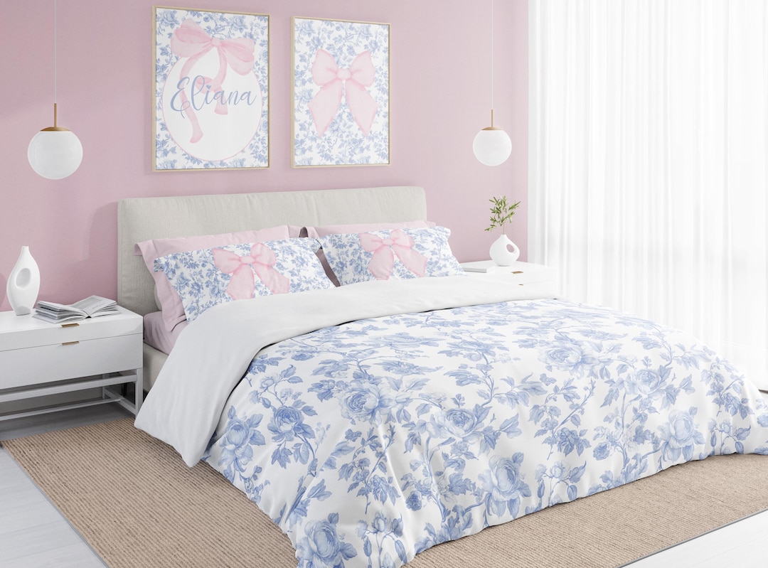 Blue Toile Bedding Set: Pink Bow, Granny Chic Comforter or Duvet - Etsy