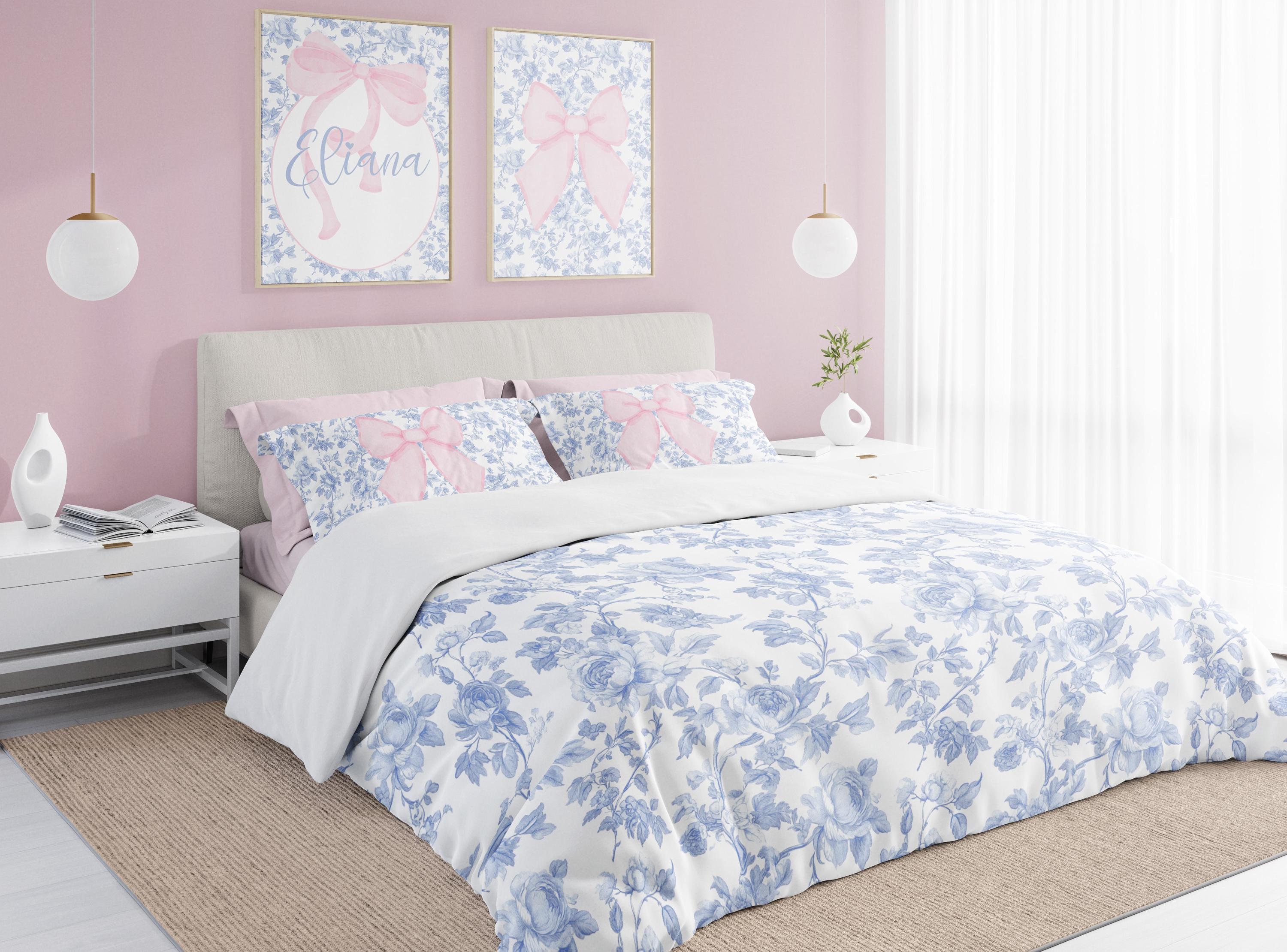 Blue Toile Bedding Set: Pink Bow, Granny Chic Comforter or Duvet - Etsy