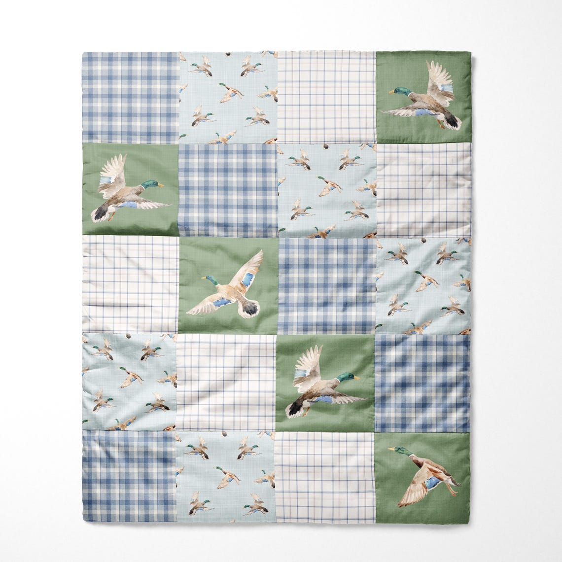 Baby Boy Crib Quilt, Duck Hunting, Organic Cotton, Plaid, Green and ...