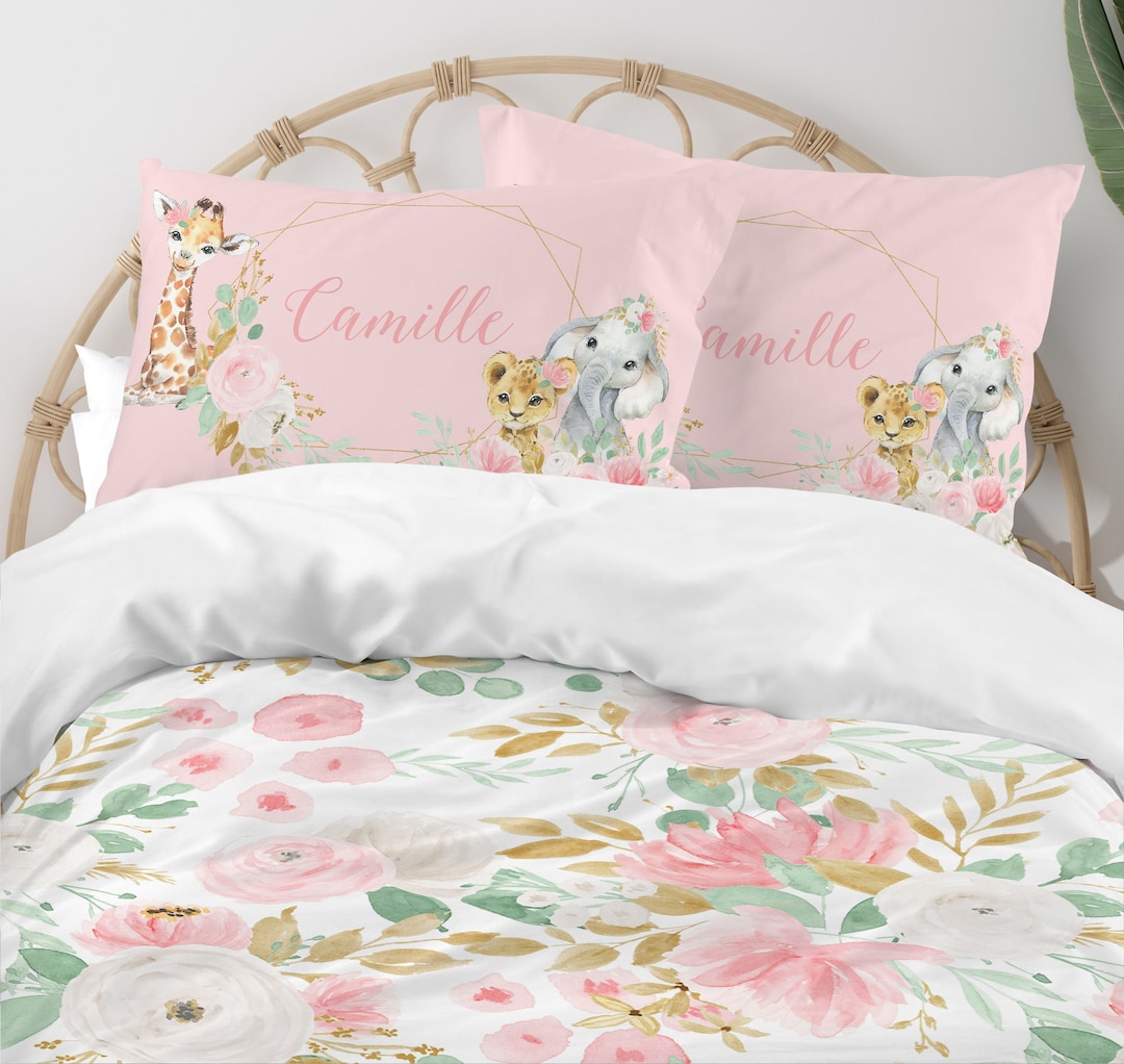 Girl Jungle Bedding Set, Pink Floral Room Decor, Safari Toddler Girl ...