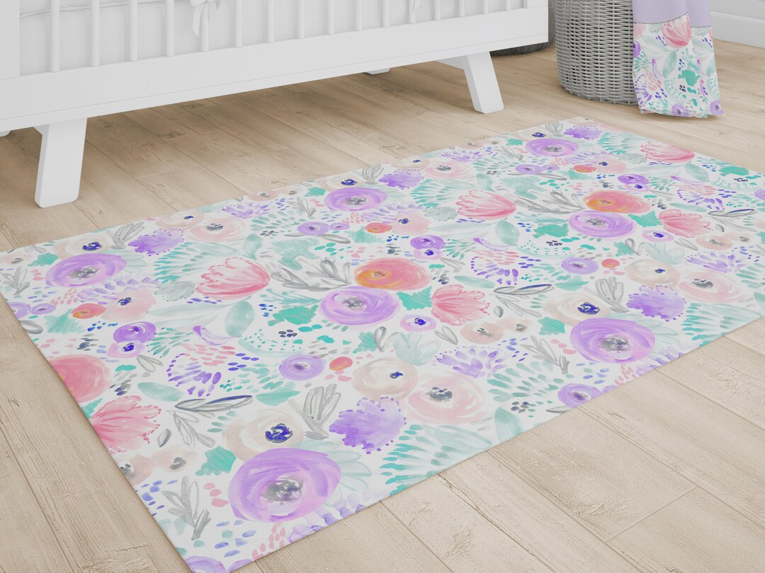 Watercolor Floral Nursery Rug: Purple & Teal Baby Girl Room Decor - Etsy