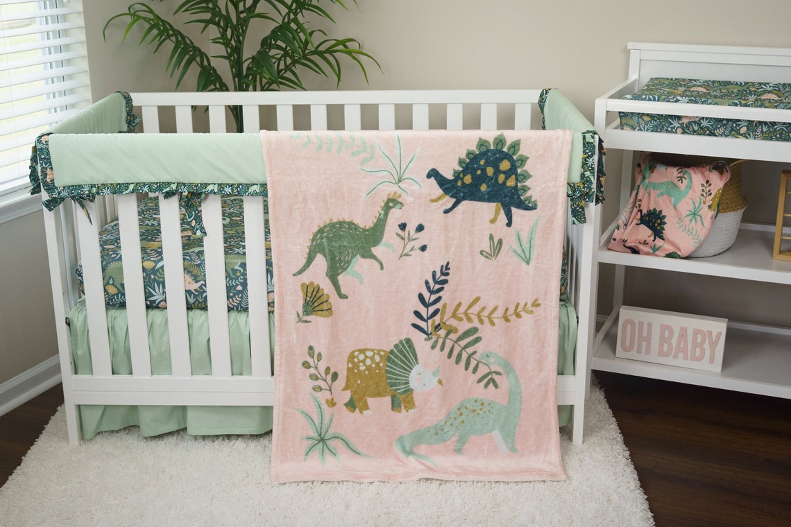 Girl Dinosaur Crib Bedding Set Pink and Mint Green Girl - Etsy