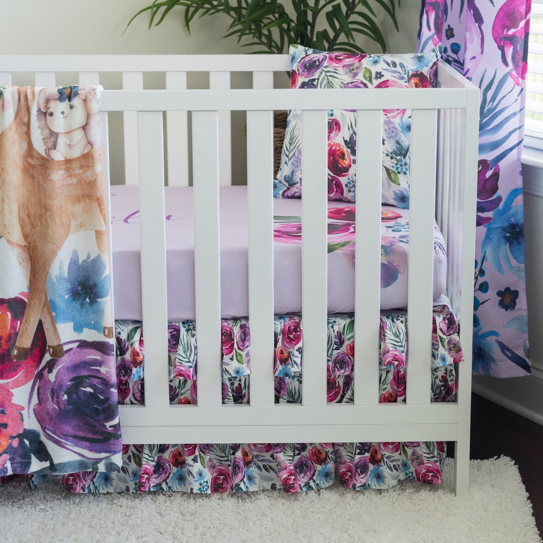 Purple Crib Bedding, Woodland Girl Nursery Decor, Floral Baby Blanket ...