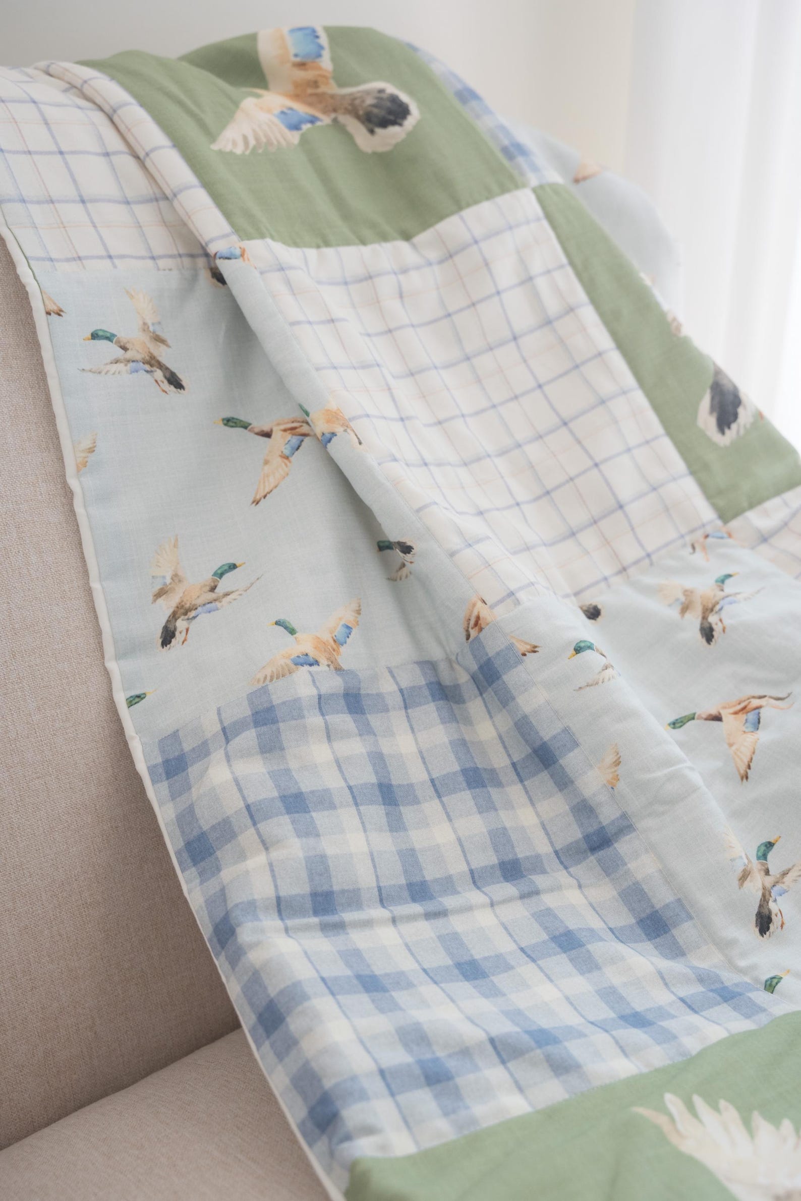 Baby Boy Crib Quilt, Duck Hunting, Organic Cotton, Plaid, Green and ...