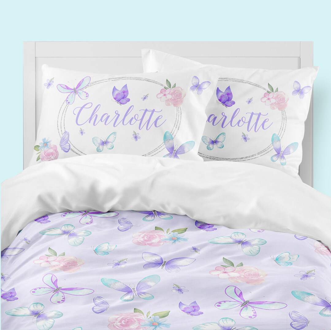 Purple Butterfly Bedding Set: Floral Girls Room Decor - Etsy