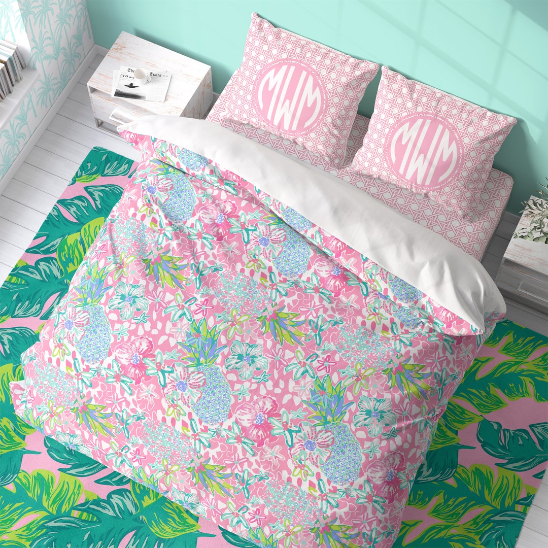 Preppy Bedding Set, Tropical Girls Room, Pineapples, Palms, Monogram ...