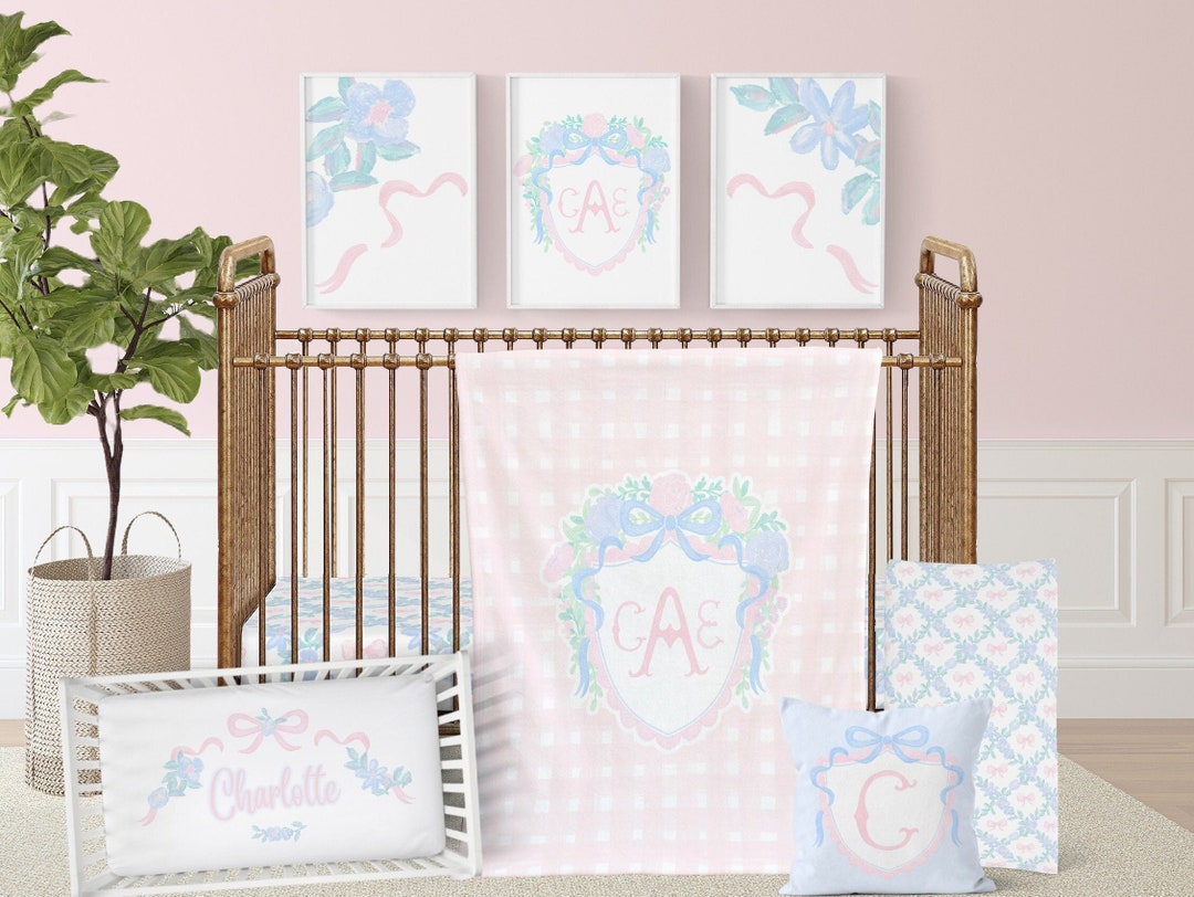 Pink Plaid Baby Crib Bedding Set: Monogrammed Crest, Bows ...
