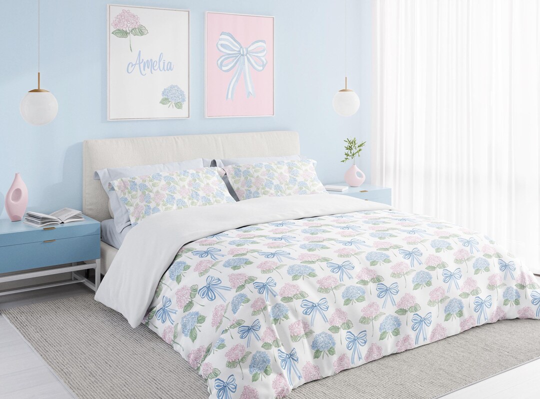 Floral Hydrangea Bow Bedding Set: Pink & Blue Comforter or Duvet - Etsy