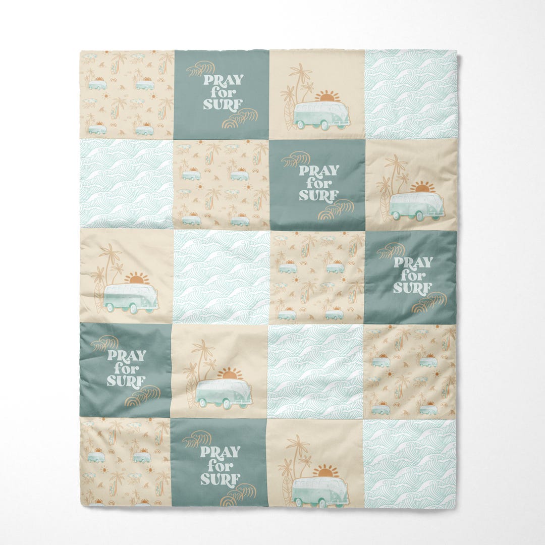 Boho Surfer Baby Crib Quilt, Organic Cotton, Patchwork, Ocean, Waves ...