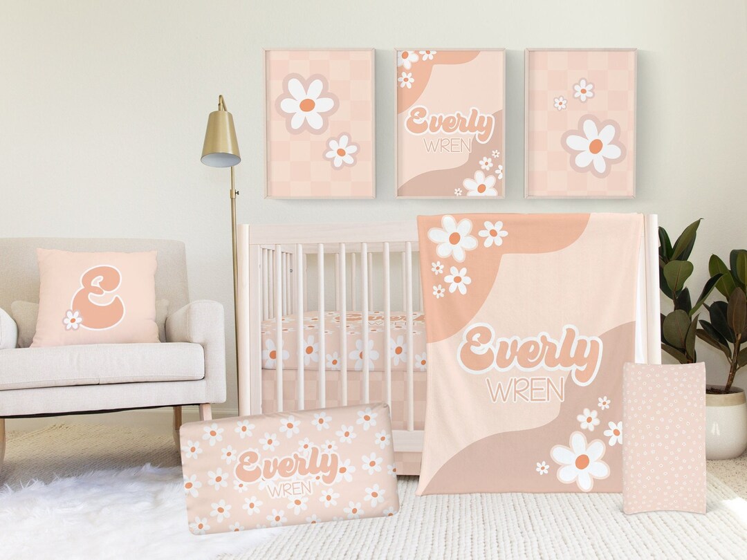 Girl Crib Bedding, Daisy Baby Blanket, Retro Floral Nursery, Groovy, 70 ...