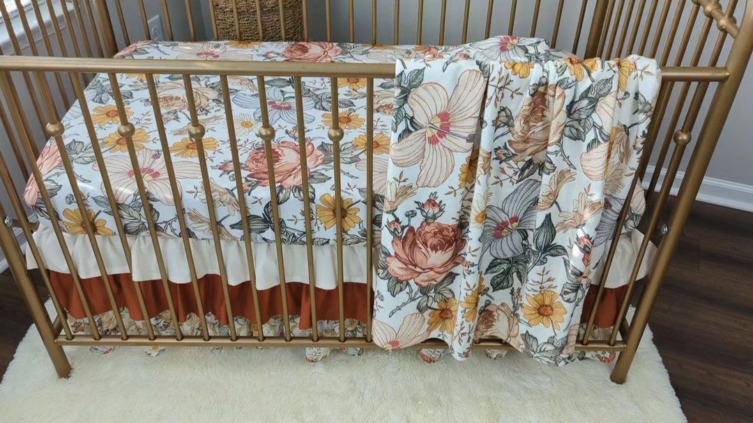 Vintage Floral Crib Bedding Set, Baby Girl Nursery Decor, Rust, Gold ...
