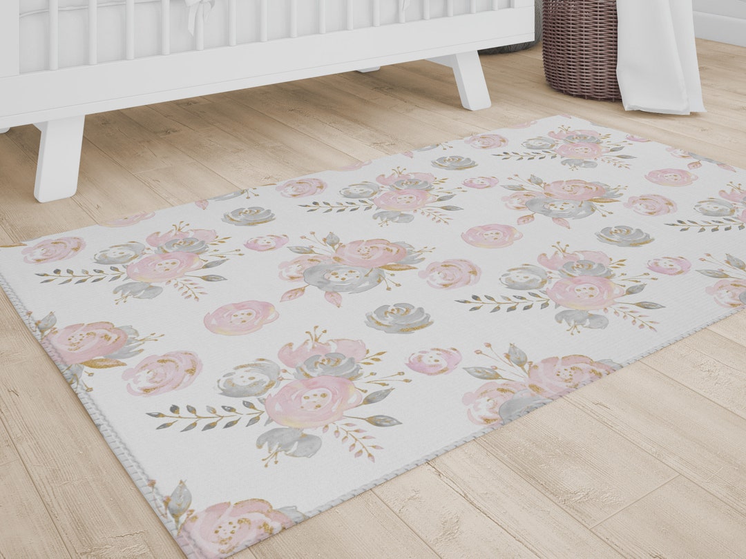 Blush Gold Area Rug, Floral Room Decor, Pink Girls Rug, Toddler Girls ...