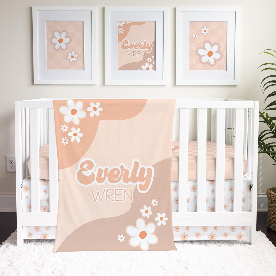 Girl Crib Bedding Set With Personalized Daisy Blanket, Checkered Crib ...