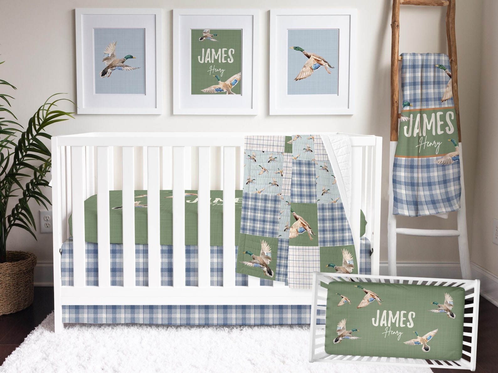 Baby Boy Crib Quilt, Duck Hunting, Organic Cotton, Plaid, Green and ...