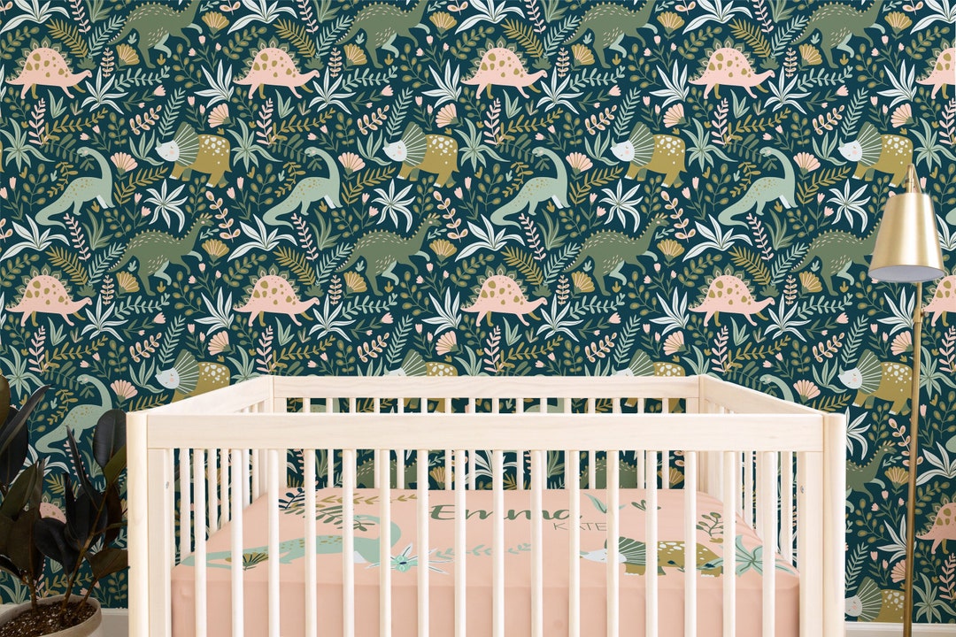 Dinosaur Wallpaper, Girl Removable Wallpaper, Peel Stick, Dino Nursery ...