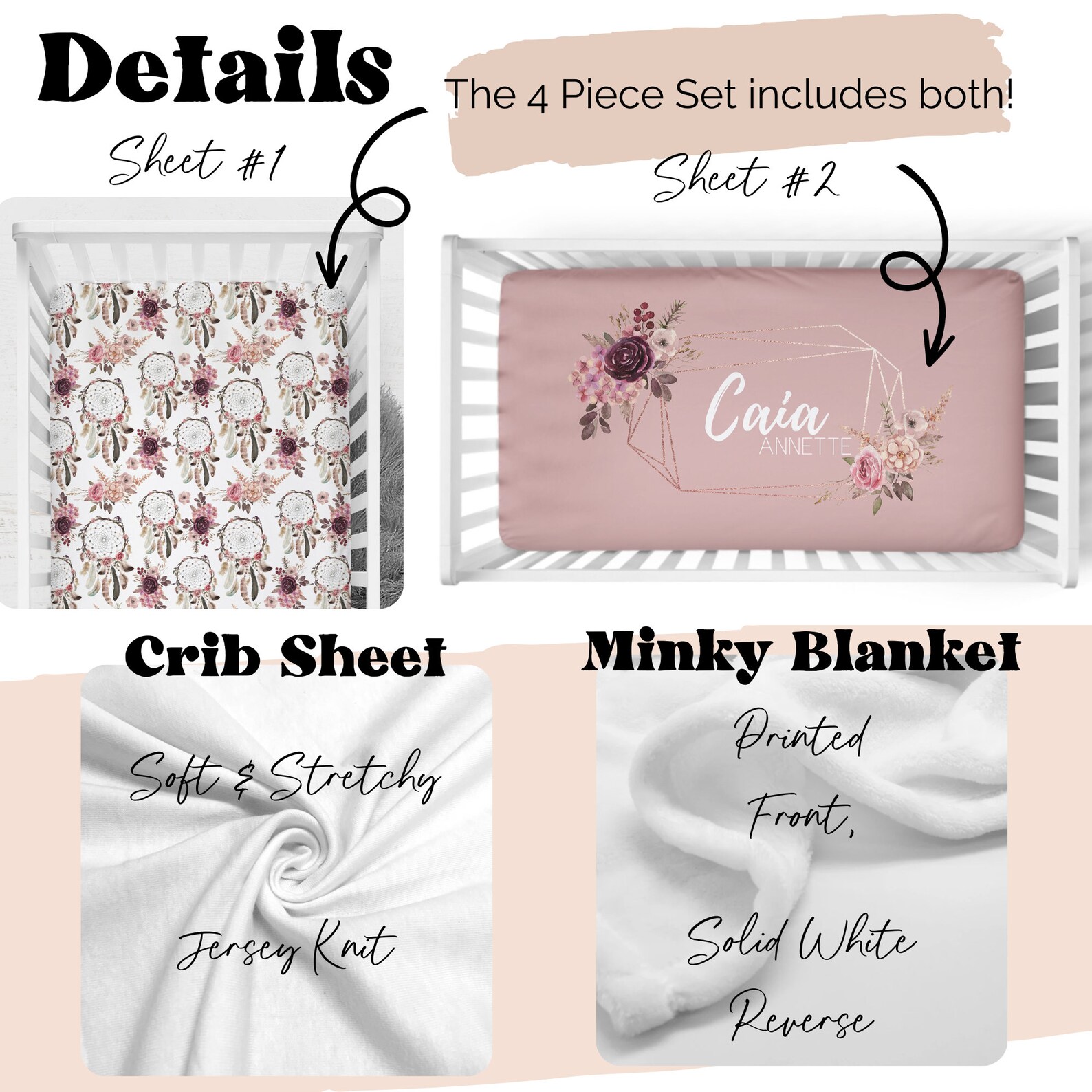 Boho Crib Bedding Set Girl Floral Baby Bedding Dream - Etsy