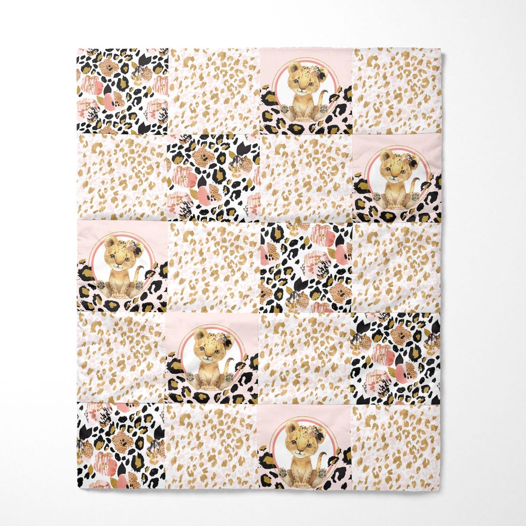 Leopard Print Baby Crib Quilt, Organic Cotton, Baby Cheetah, Pink, Gold ...