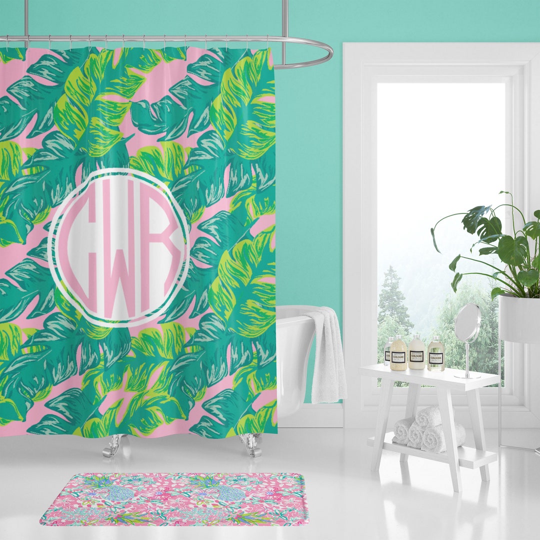 Monogrammed Preppy Shower Curtain, Palm Shower Curtain, Pink and Lime ...