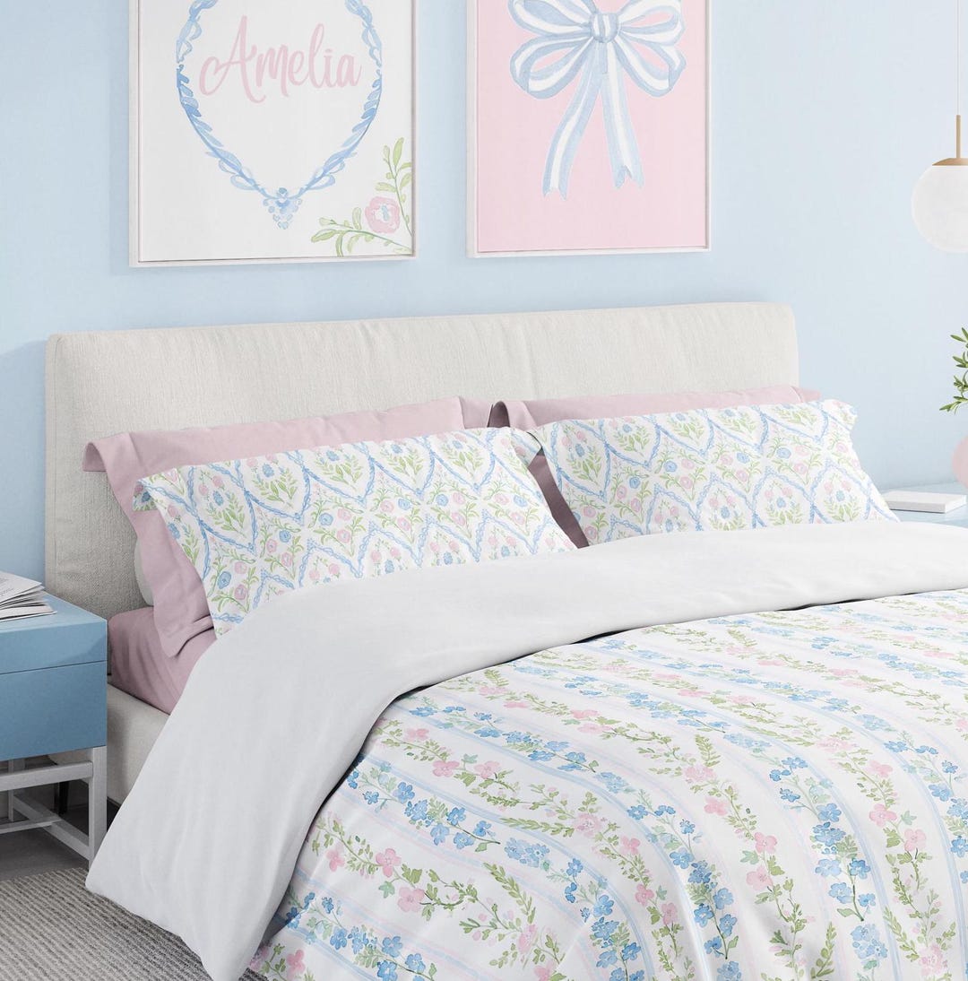 Preppy Girls Bedding Set, Grandmillennial Pink and Blue Floral ...