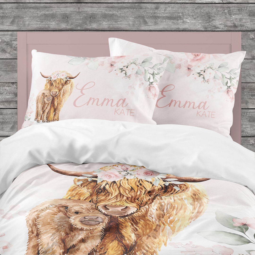 Pink Floral Highland Cow Girls Bedding: Duvet Cover & Comforter Sets - Etsy
