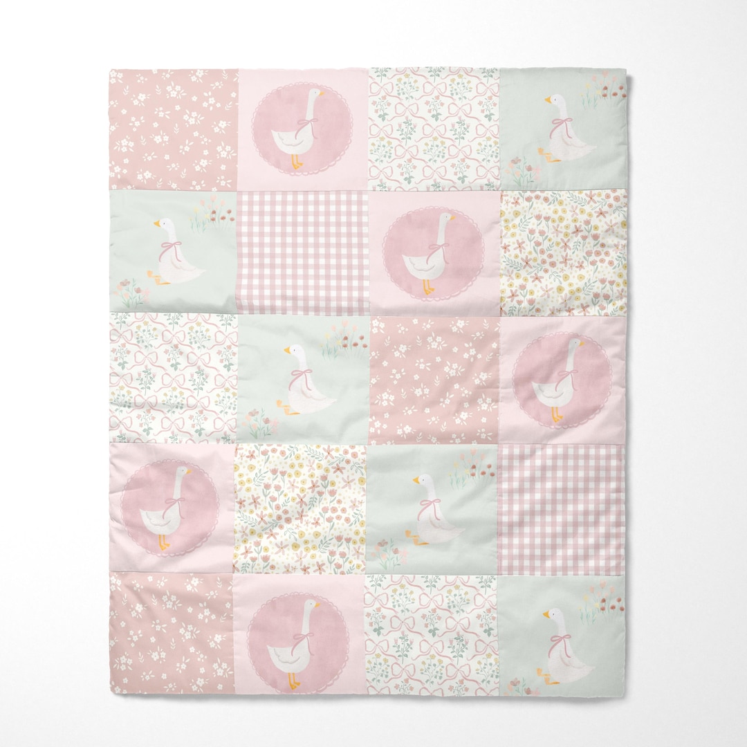 Baby Girl Crib Quilt, Goose, Gingham, Floral, Ribbon, Organic Cotton ...