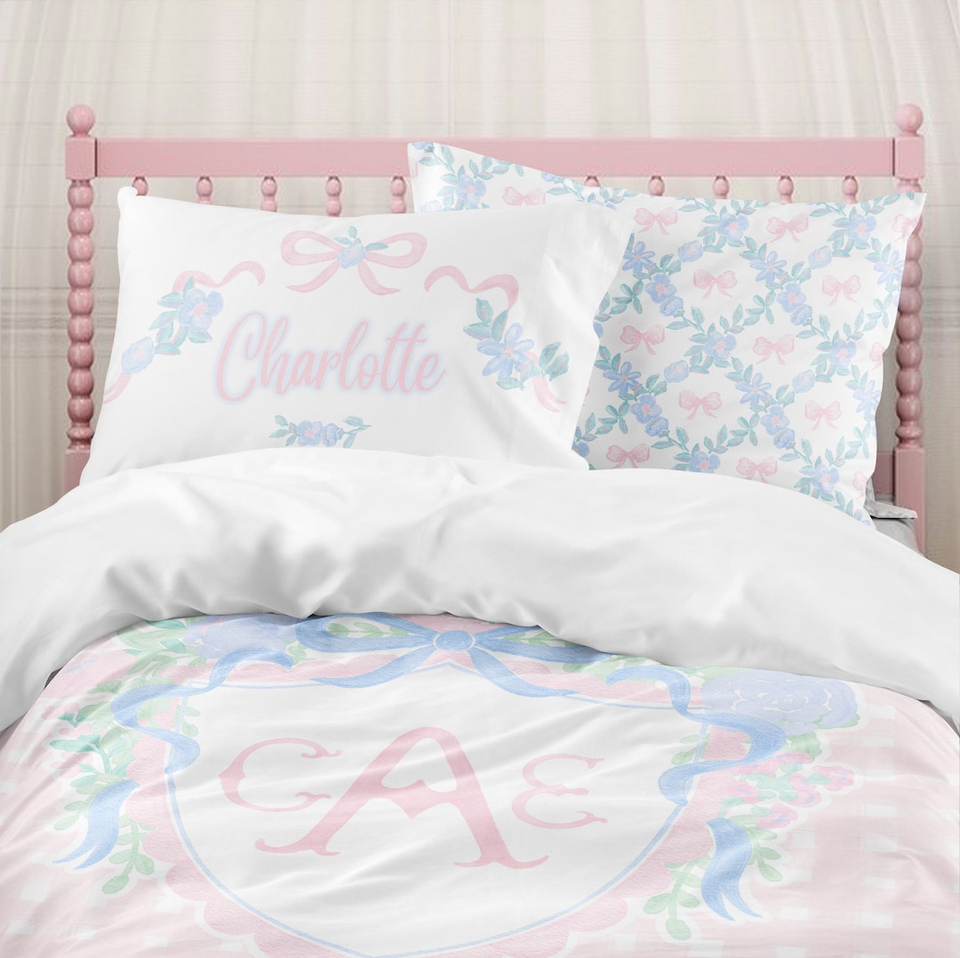 Monogrammed Crest Girls Bedding Set, Pink and Blue Preppy Bedding With ...