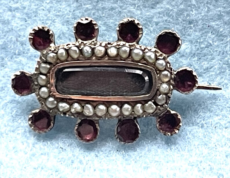 Georgian Foiled Garnet Brooch With Hair and Seed Pearls - Bonnet, Veil ...