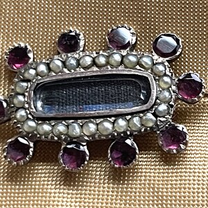 Georgian Foiled Garnet Brooch With Hair and Seed Pearls - Bonnet, Veil ...