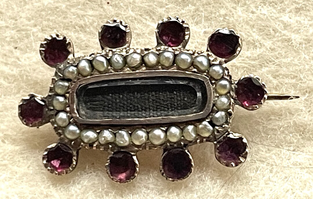 Georgian Foiled Garnet Brooch With Hair and Seed Pearls - Bonnet, Veil ...