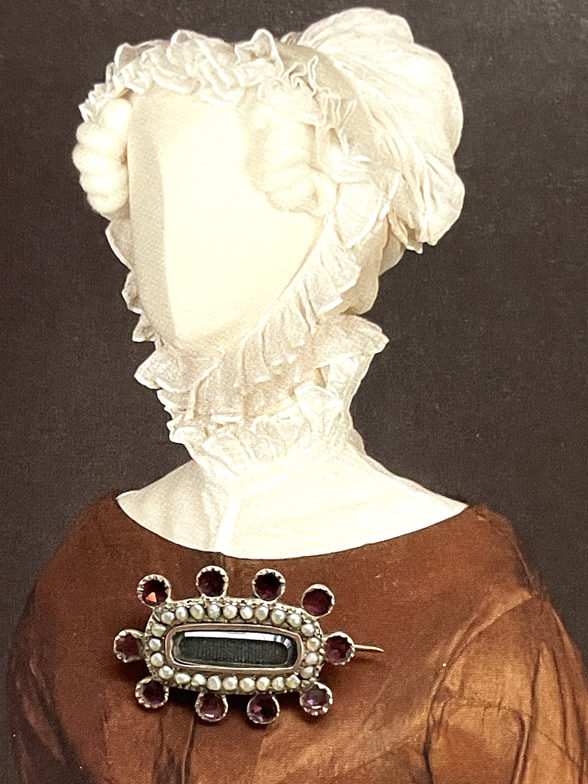 Georgian Foiled Garnet Brooch With Hair and Seed Pearls - Bonnet, Veil ...