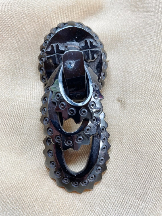 VICTORIAN Whitby Jet Mourning Brooch with Gold Accent - Gem