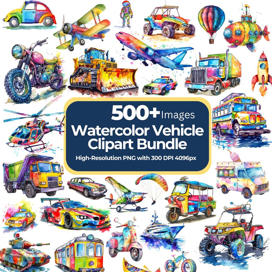 Watercolor Vehicle Clipart Bundle: 500+ Cars, Buses, Bikes ...
