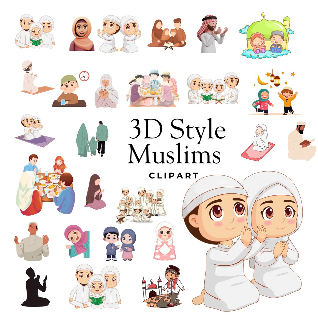 Watercolor Muslim Kids Clipart 3D Style Praying Characters (PNG) - Etsy