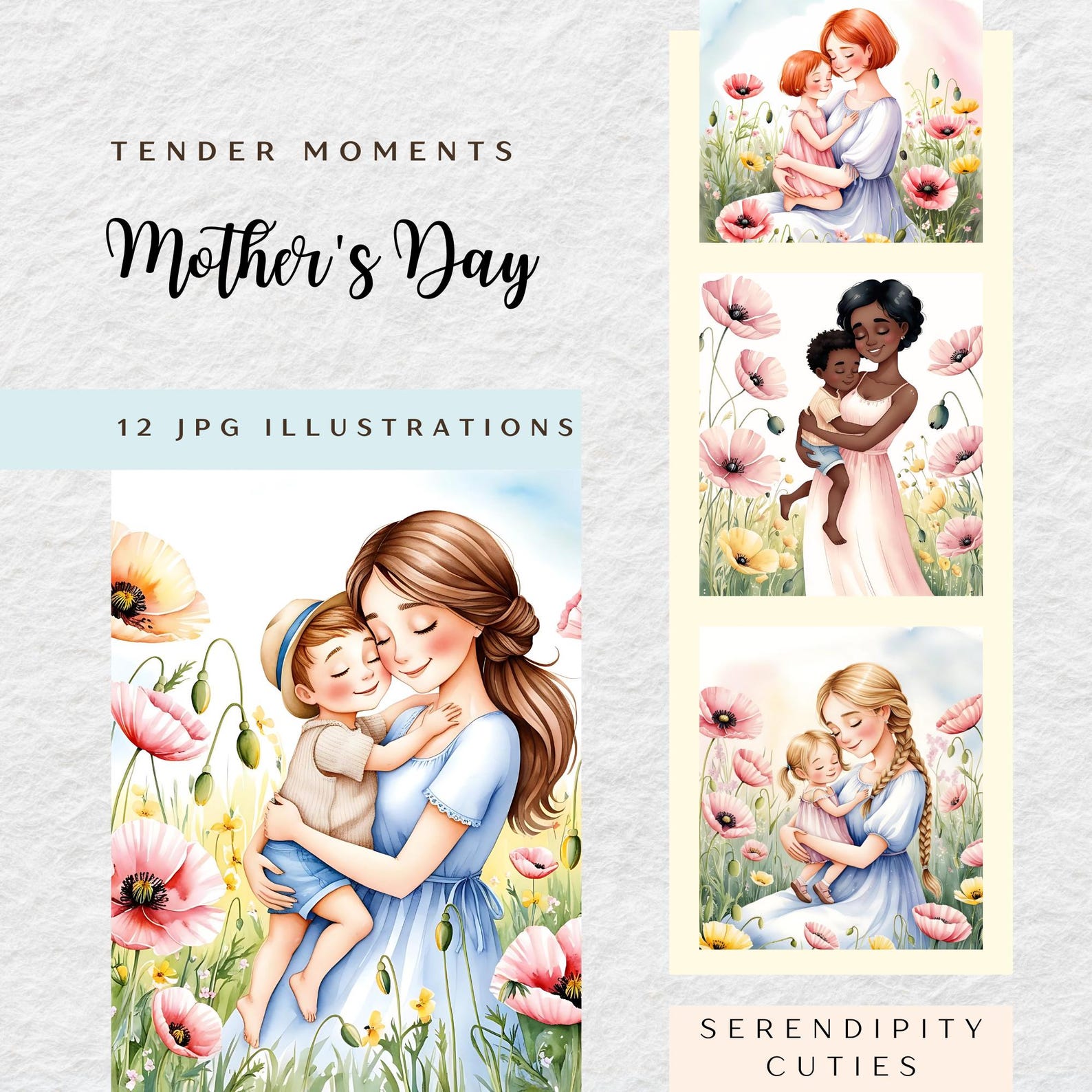 Mother’s Day Cute Clipart Set JPG Illustrations, Mother and Daughter ...