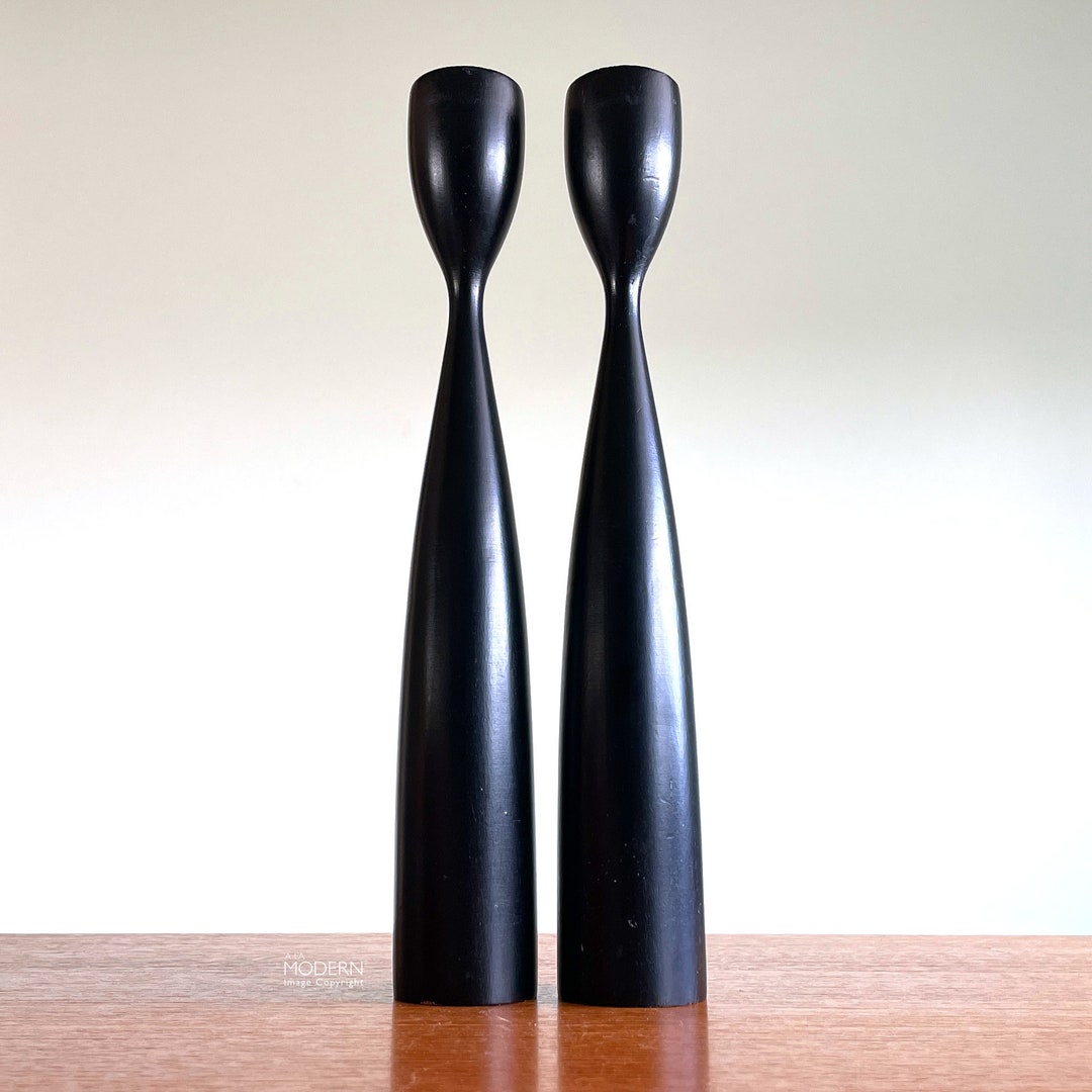 2 Danish Tapio Wirkkala Black Wood Candleholders Scandinavian 11 1/2 ...