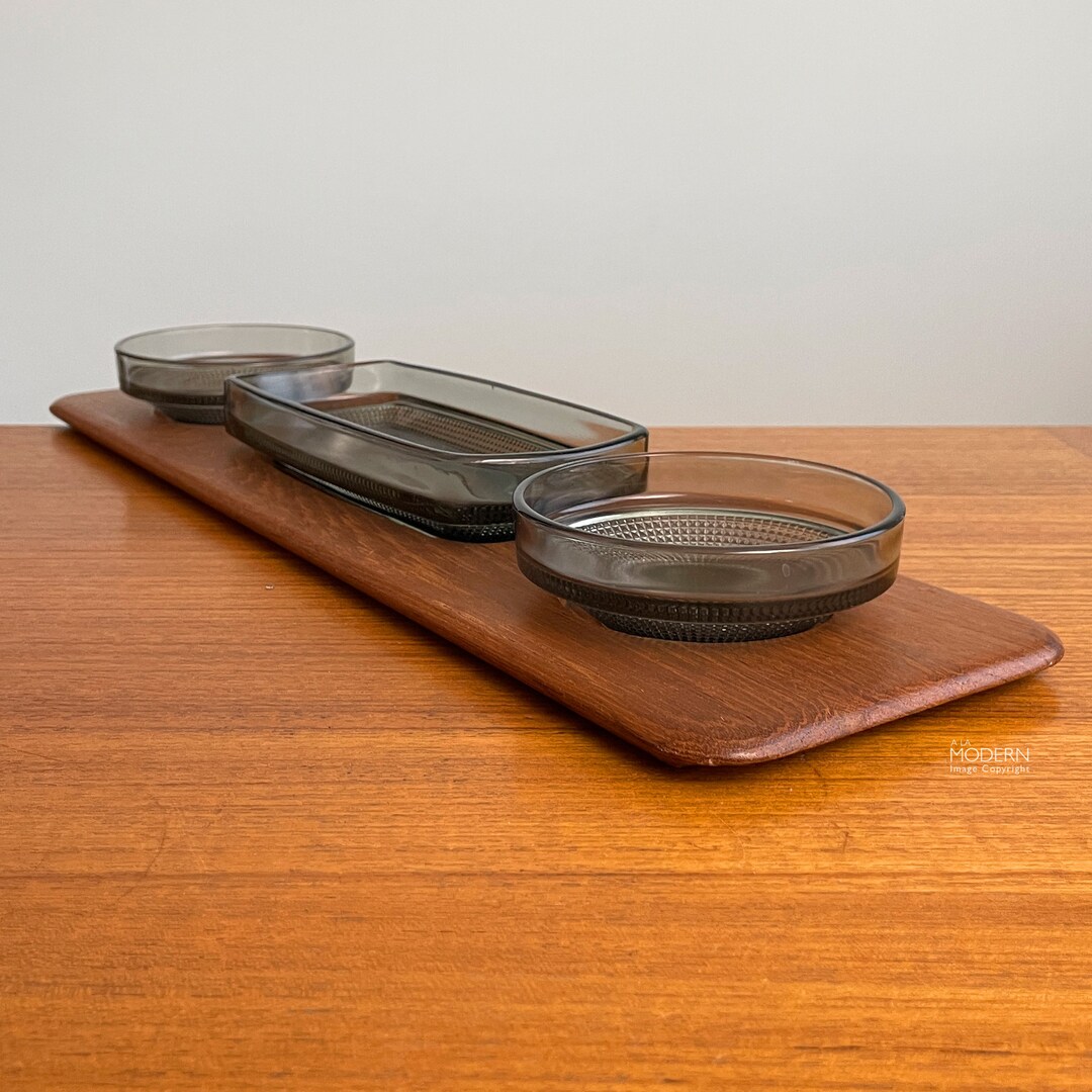 Digsmed Denmark Teak Long Serving Tray With 3 Smoke Glass Inserts 20" Long // Condition: Wear to ...