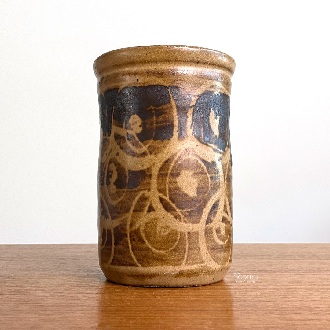 Studio Pottery Signed Modernist Circles Design Stoneware Cylinder Vase ...