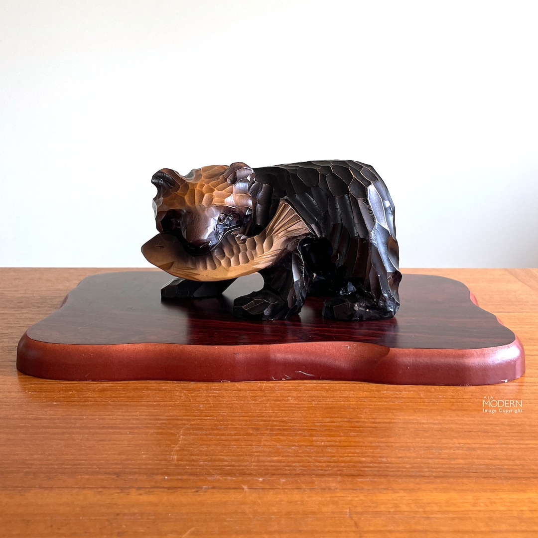 Japanese Ainu Carved Wood Bear With Fish on Wood Stand Traditional ...